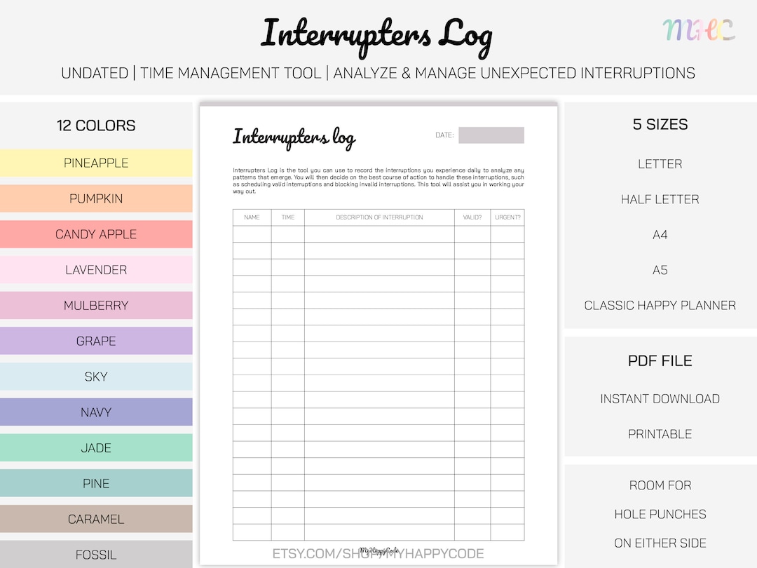 Undated Interrupters Log Printable, Time Management Tool Planner ...