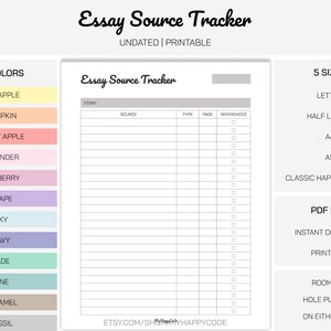 Essay Source Tracker Printable, Essay Planner Printable, Academic ...