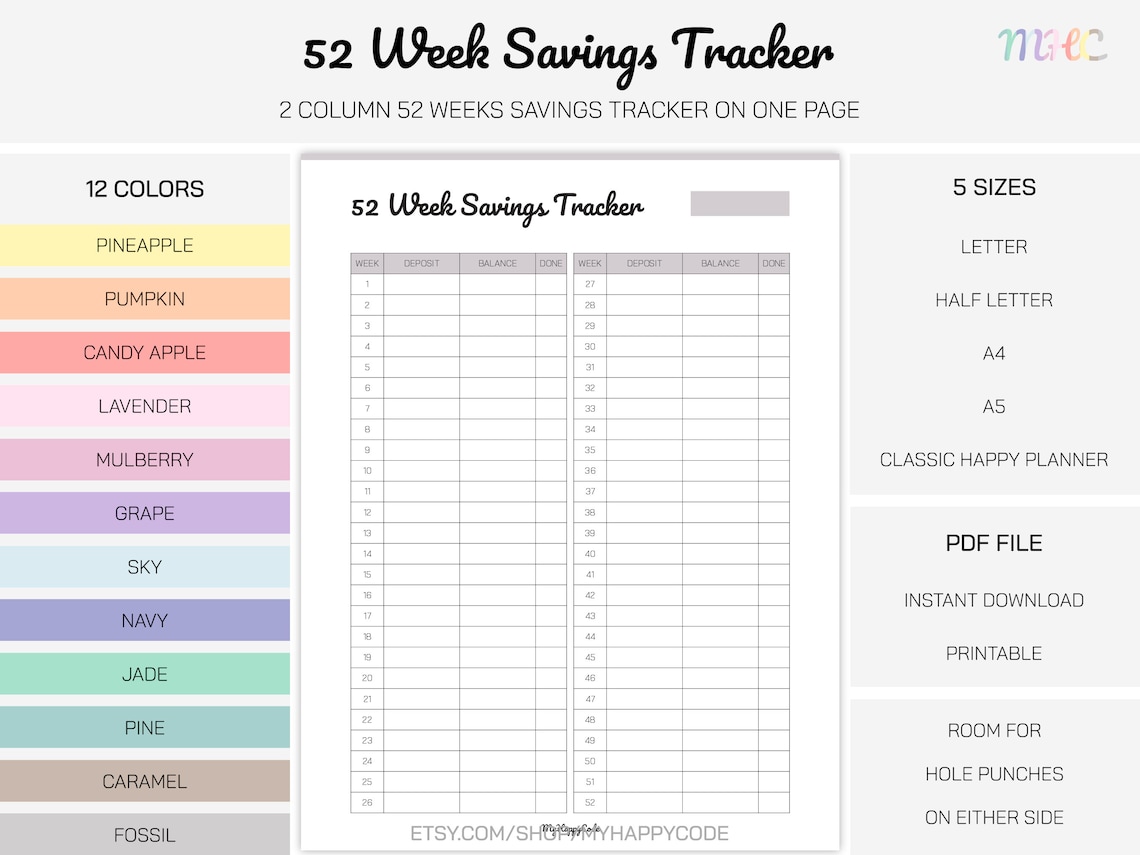 52 Week Savings Tracker Printable 52 Weeks Savings Challenge - Etsy