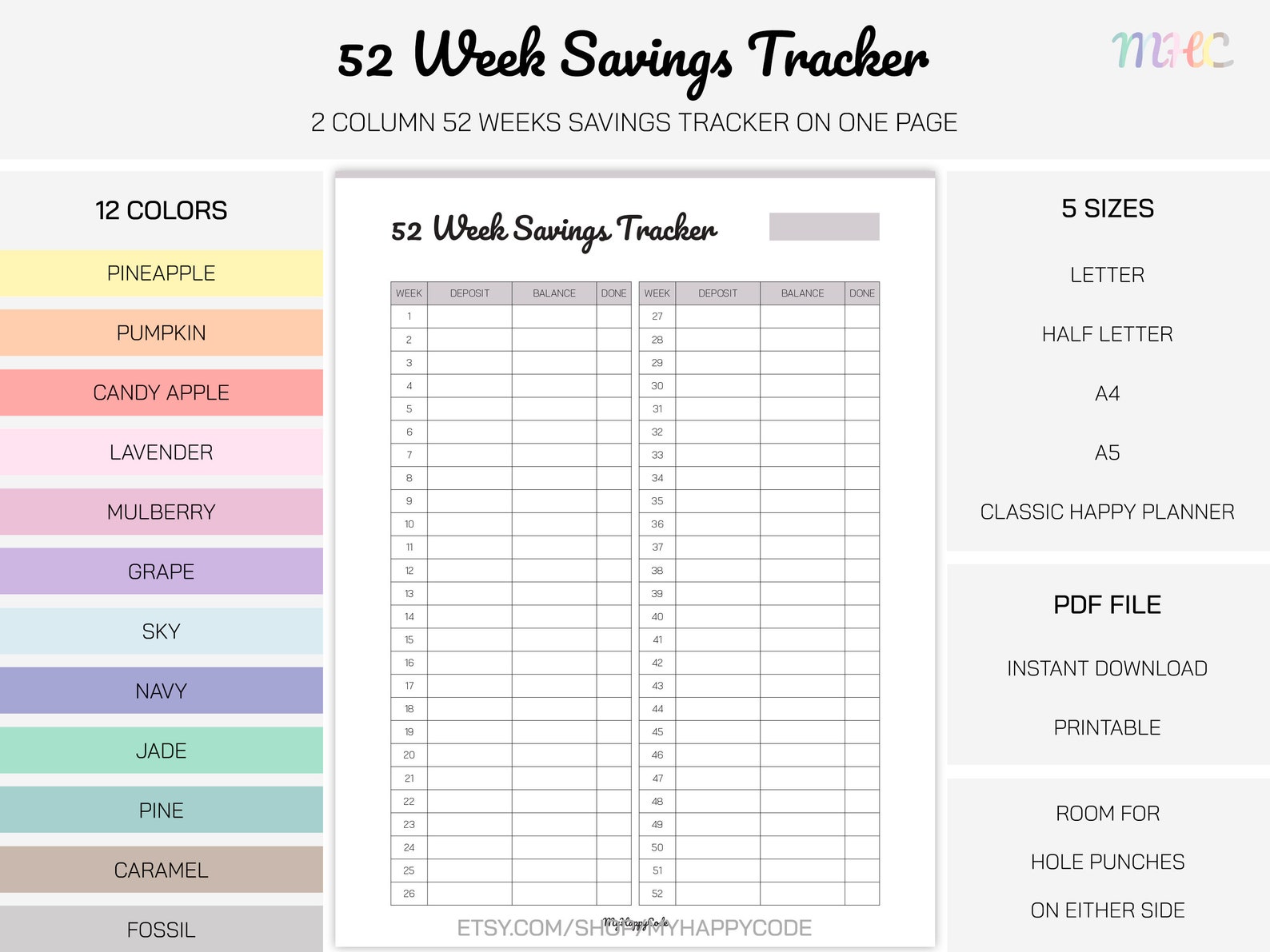 52 Week Savings Tracker Printable 52 Weeks Savings Challenge - Etsy