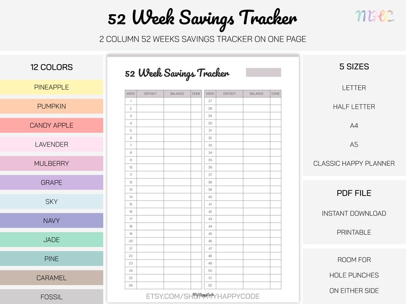 52 Week Savings Tracker Printable 52 Weeks Savings Challenge - Etsy