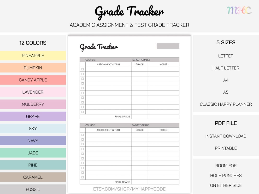Grade Tracker Printable, Academic Grade Tracker Printable, Class ...