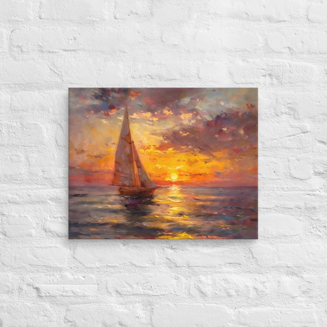 Sunset by the Ocean Painting Canvas Print, Sunset at the Sea Painting ...