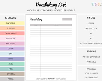 Printable Vocabulary List Language Learning Planner (Instant Download ...