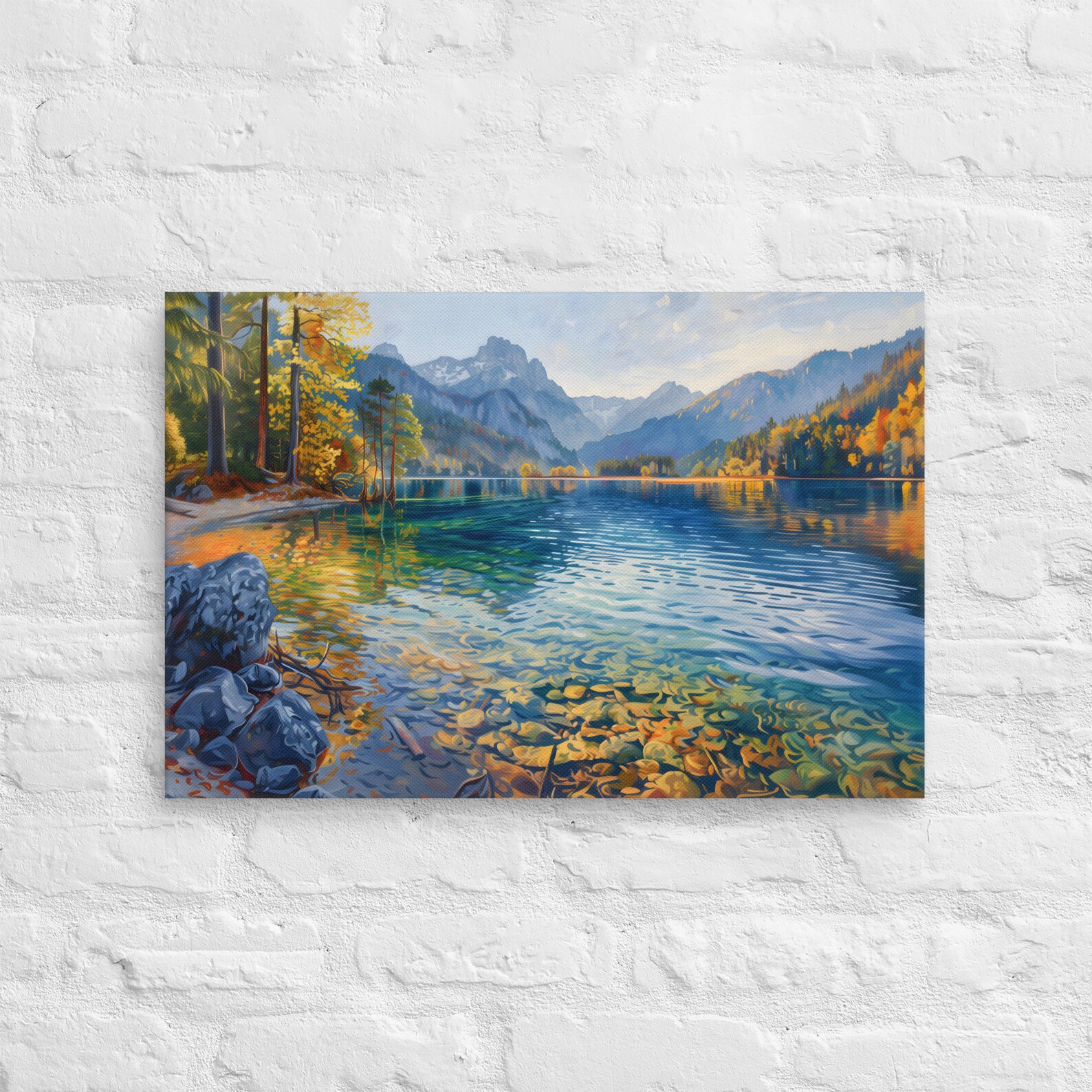 Colorful Autumn Lake View Painting Canvas Print, Beautiful Lake Wall ...