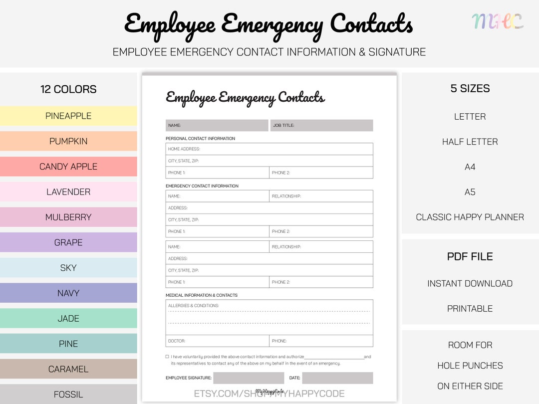 Employee Emergency Contacts Form Printable for Small Business, Employee ...