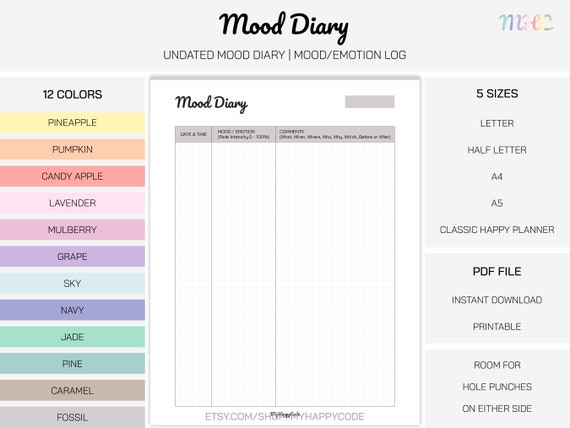 Undated Mood Diary Printable Daily Mood Change Log Printable - Etsy