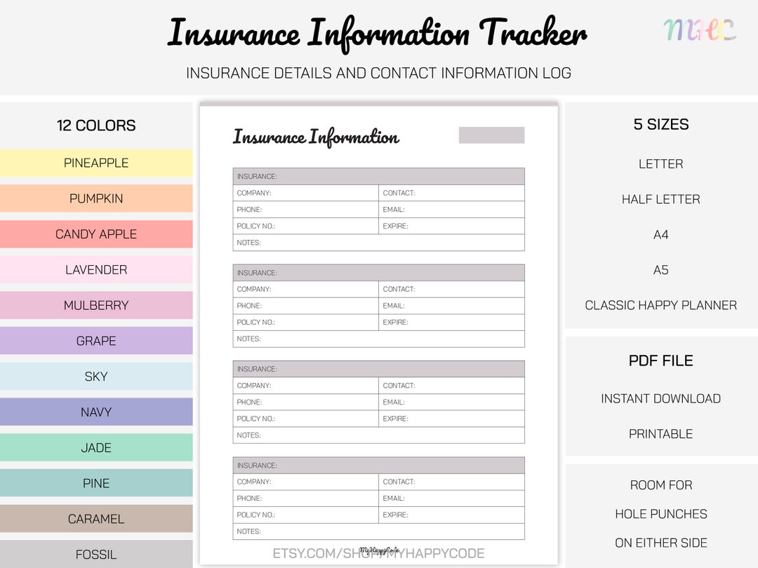 Insurance Information Tracker Printable, Insurance Details and Contact ...