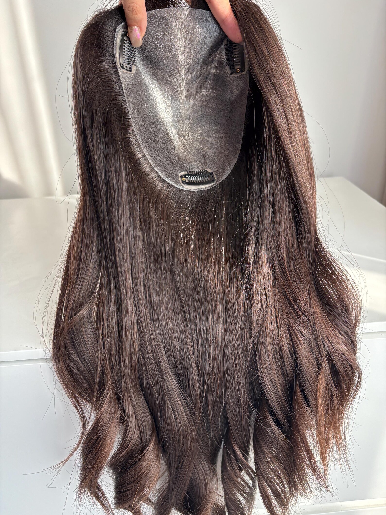 18” Thin Skin PU Base Hair Topper, Natural Dark Brown Color Women ...