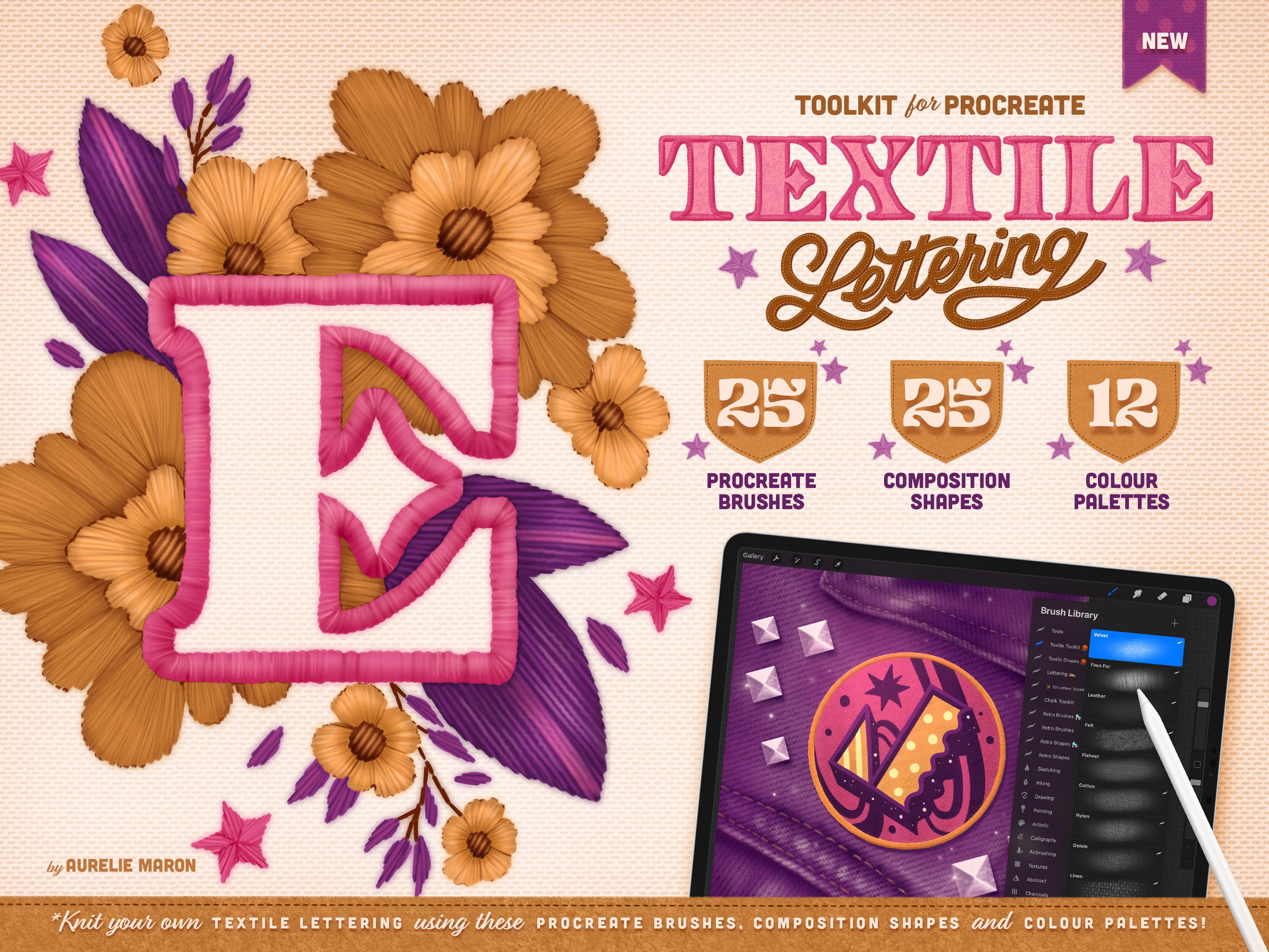 Textile Lettering Toolkit for Procreate Procreate Brushes - Etsy
