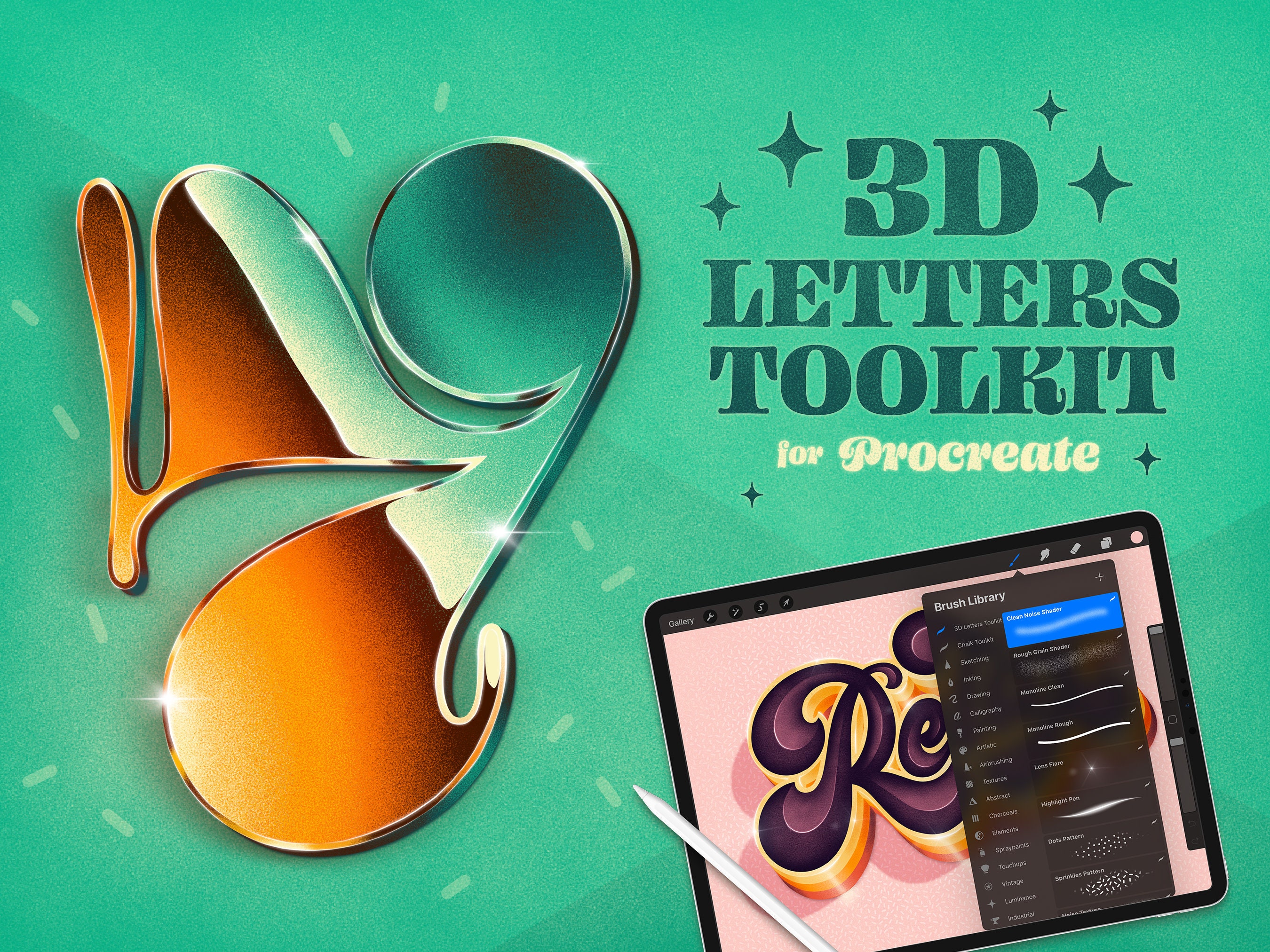 3D Letters Toolkit for Procreate Procreate Brushes, Stamps, Grain ...