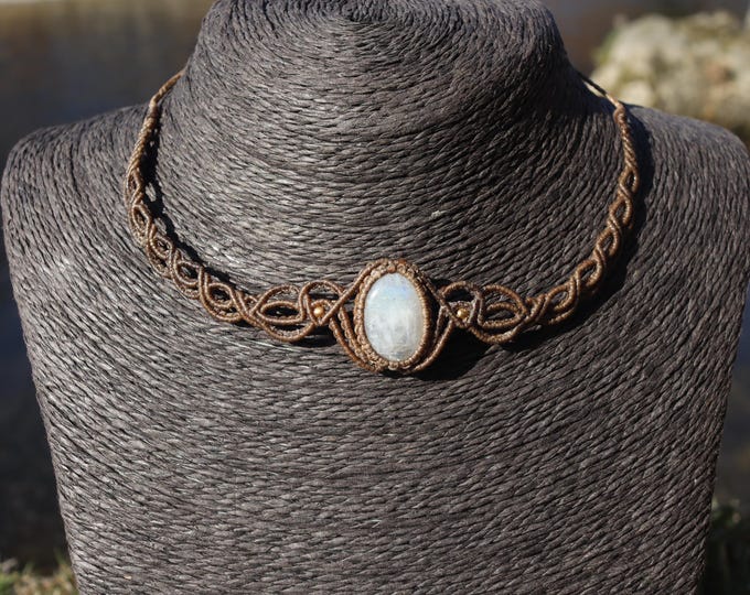 Macrame Choker With Moonstone, Beige, Hand-knotted Collar, Fairies ...