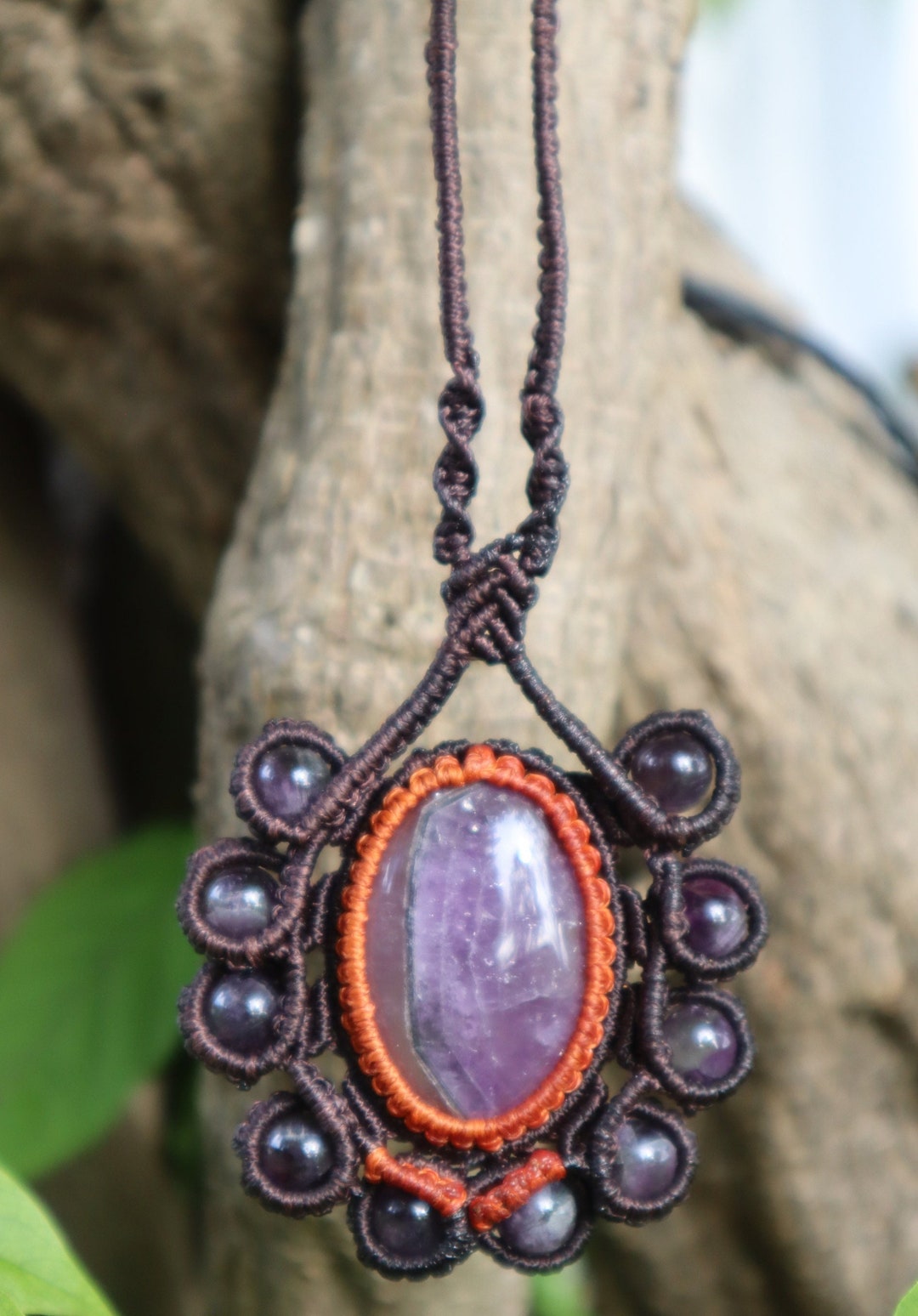 Brown Amethyst Amulet With Amethyst Beads, Elf Necklace, Macrame ...