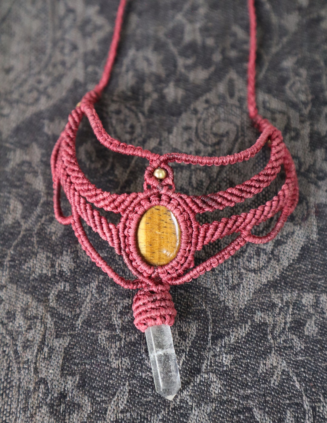Macrame Amulet With Tiger Eye and Rock Crystal, Necklace, Chakras ...