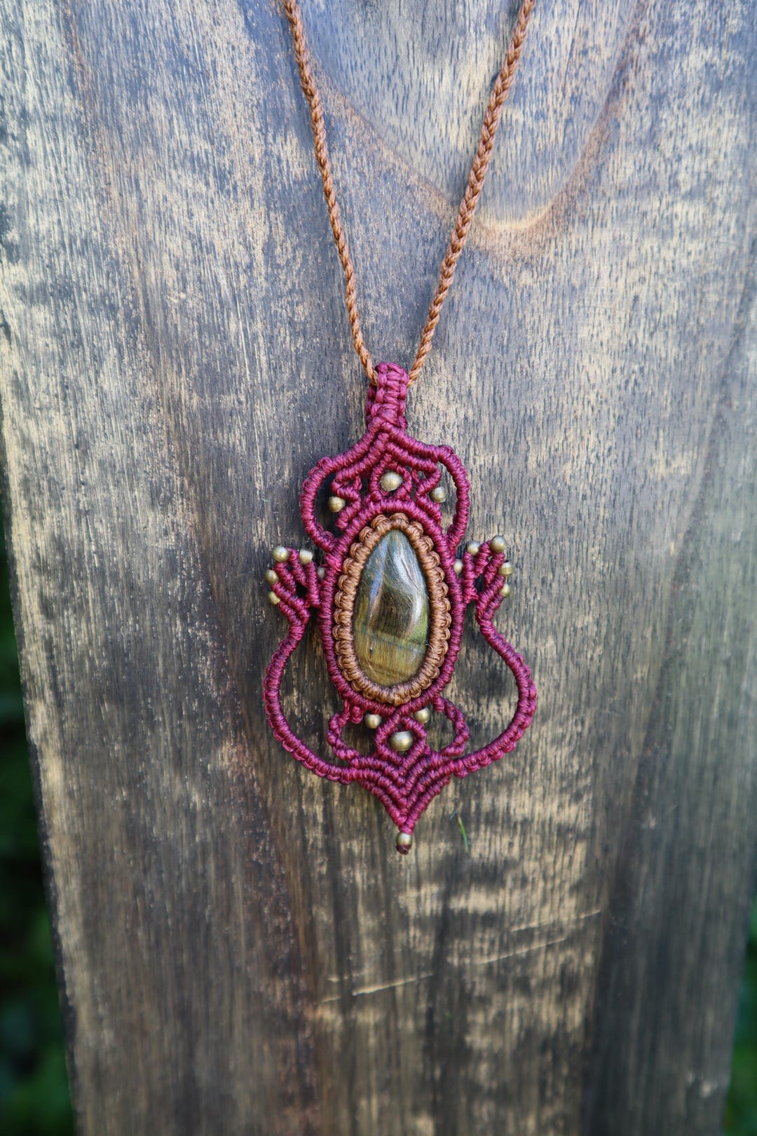 Bordeaux-colored Amulet With Tiger's Eye, Elf Necklace, Macrame ...