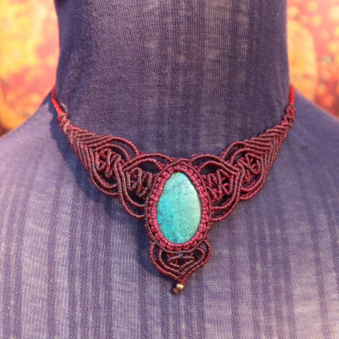 Dark Red Macrame Necklace With Chrysocolla Handcrafted Chain, Healing ...