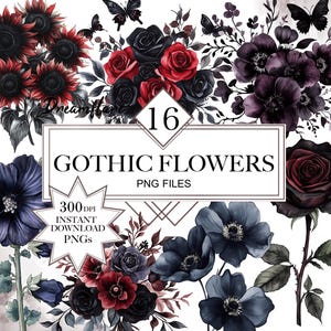 Watercolor Gothic Flowers PNG Clipart Bundle, Gothic Halloween PNG ...