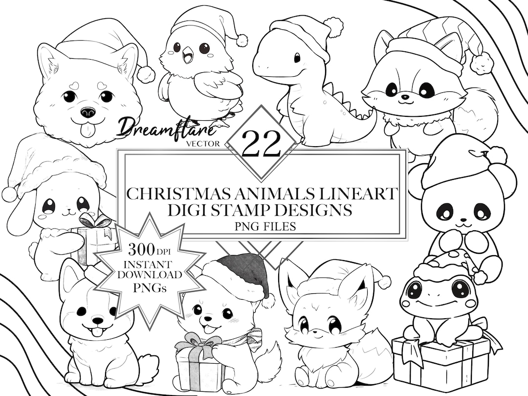 Christmas Animals Lineart PNG Bundle, Christmas Digital Stamp ...