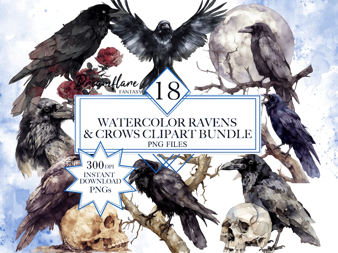 Watercolor Ravens & Crows Clipart Bundle, Raven PNG, Black Bird PNG ...