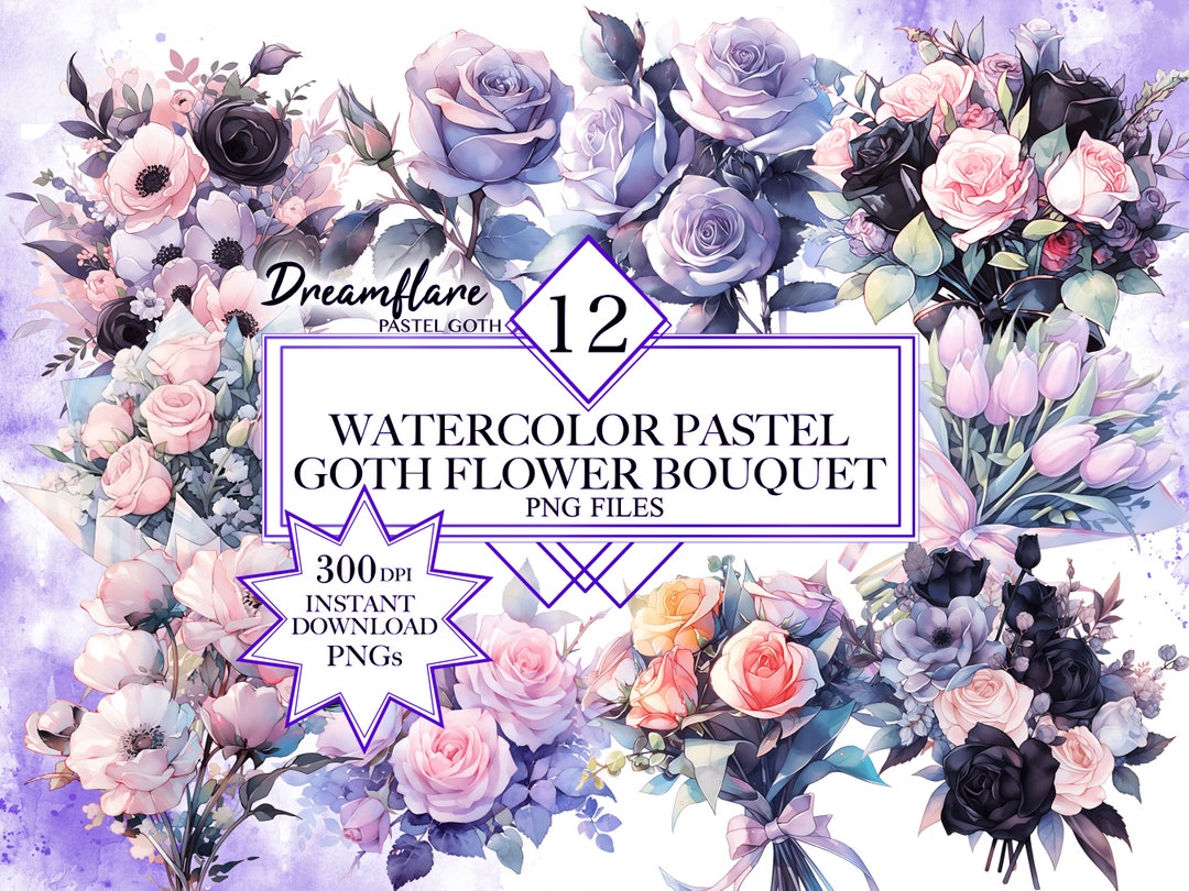 Watercolor Pastel Goth Flowers Clipart Bundle, Gothic Floral Clipart ...
