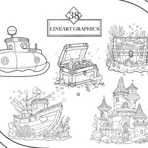 Underwater Lineart PNG & SVG Bundle, Undersea Clipart, Cute Digi Stamp ...