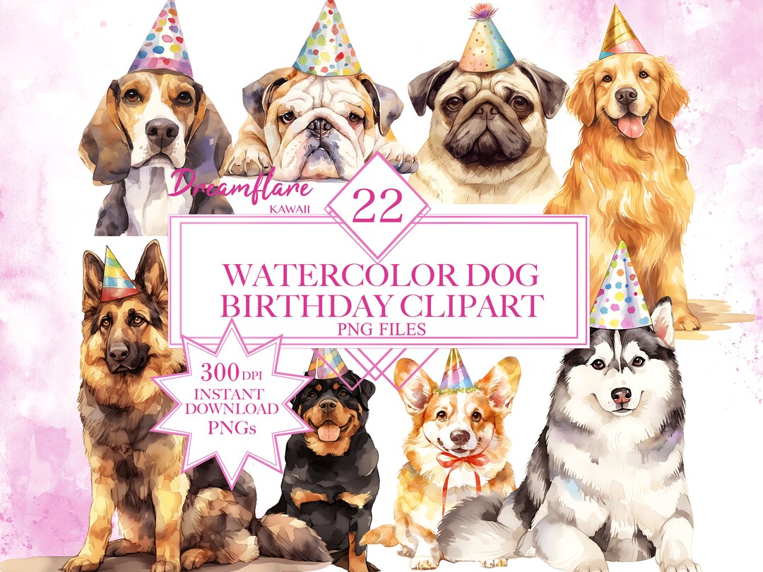 Watercolor Dog Birthday Clipart Bundle, Cute Dog PNG, Watercolor ...