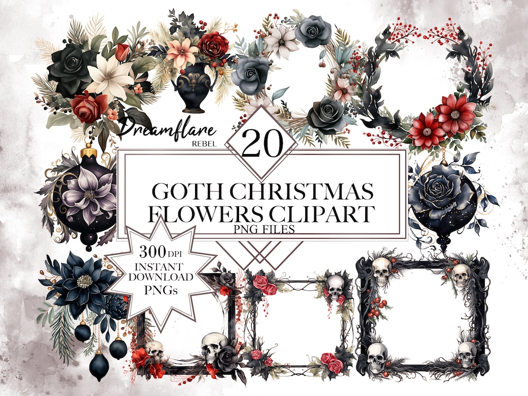 Watercolor Goth Christmas Flowers PNG Bundle, Goth Flowers Clipart ...