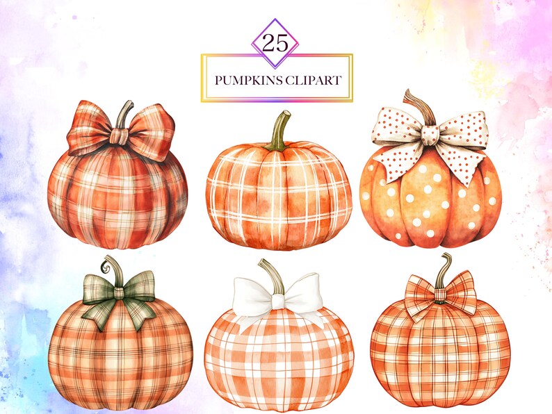 Watercolor Autumn Pumpkins Clipart Bundle, Coquette Pumpkin PNG, Plaid ...