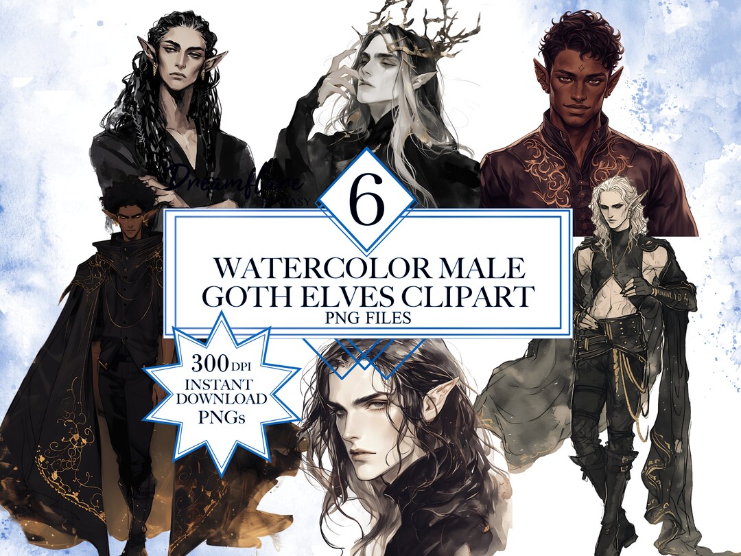 Watercolor Dark Male Elves Clipart Bundle, Black Elf PNG, Gothic Men ...