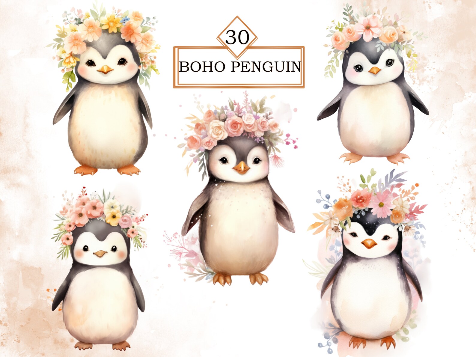 30 Watercolor Boho Floral Penguins Clipart Bundle, Floral Penguin PNG ...