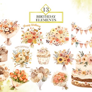 Watercolor Floral Birthday Clipart Bundle, Birthday Party Clipart ...