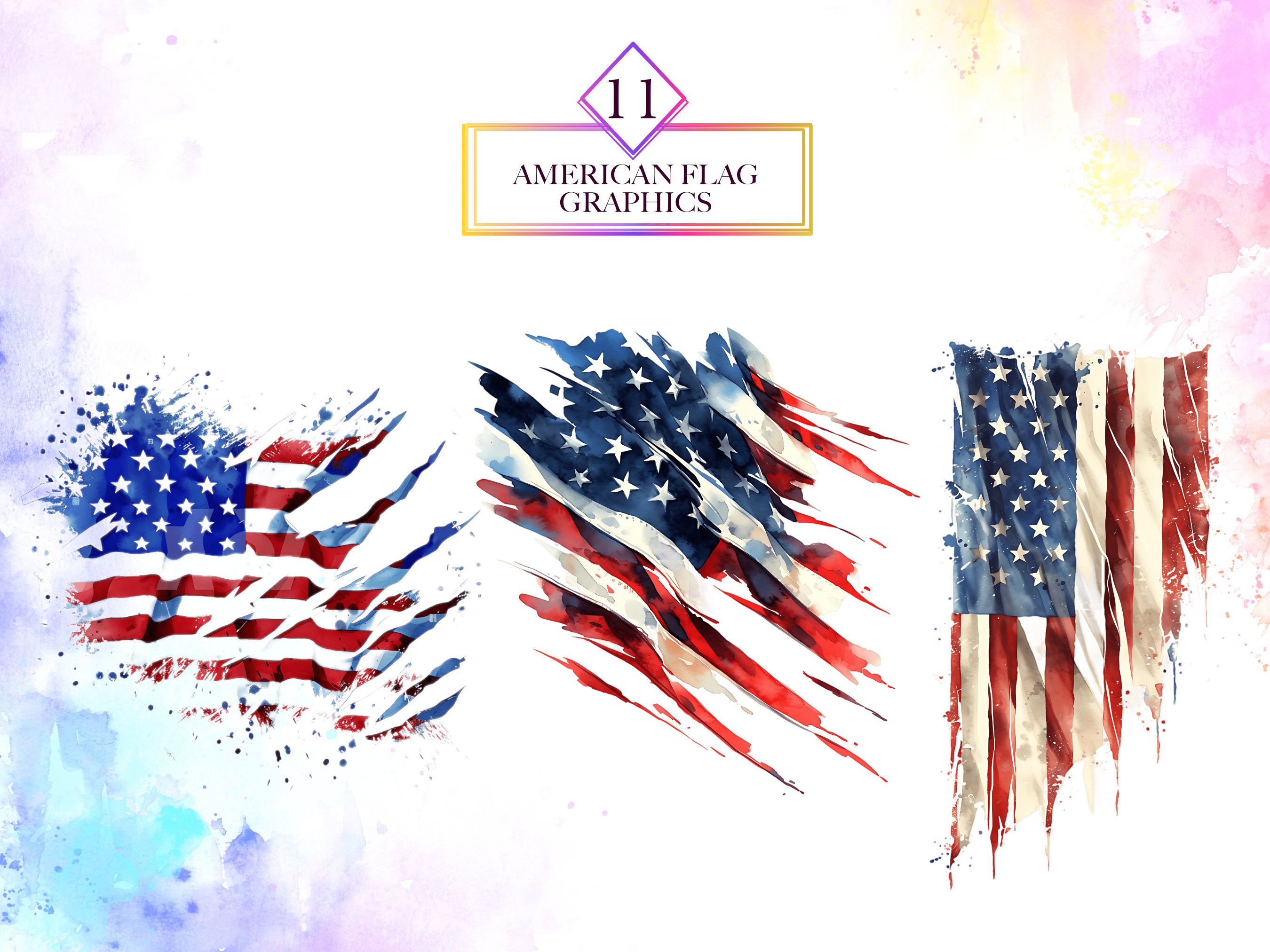 Watercolor American Flag PNG Bundle, 4th of July Clipart, Independence ...
