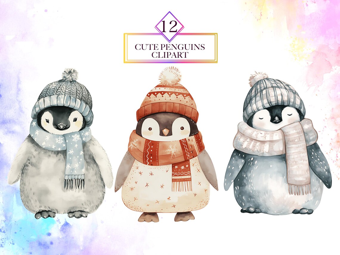 Watercolor Cute Penguins Clipart Bundle Winter Christmas Penguins in ...