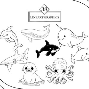 Underwater Lineart PNG & SVG Bundle, Undersea Clipart, Cute Digi Stamp ...