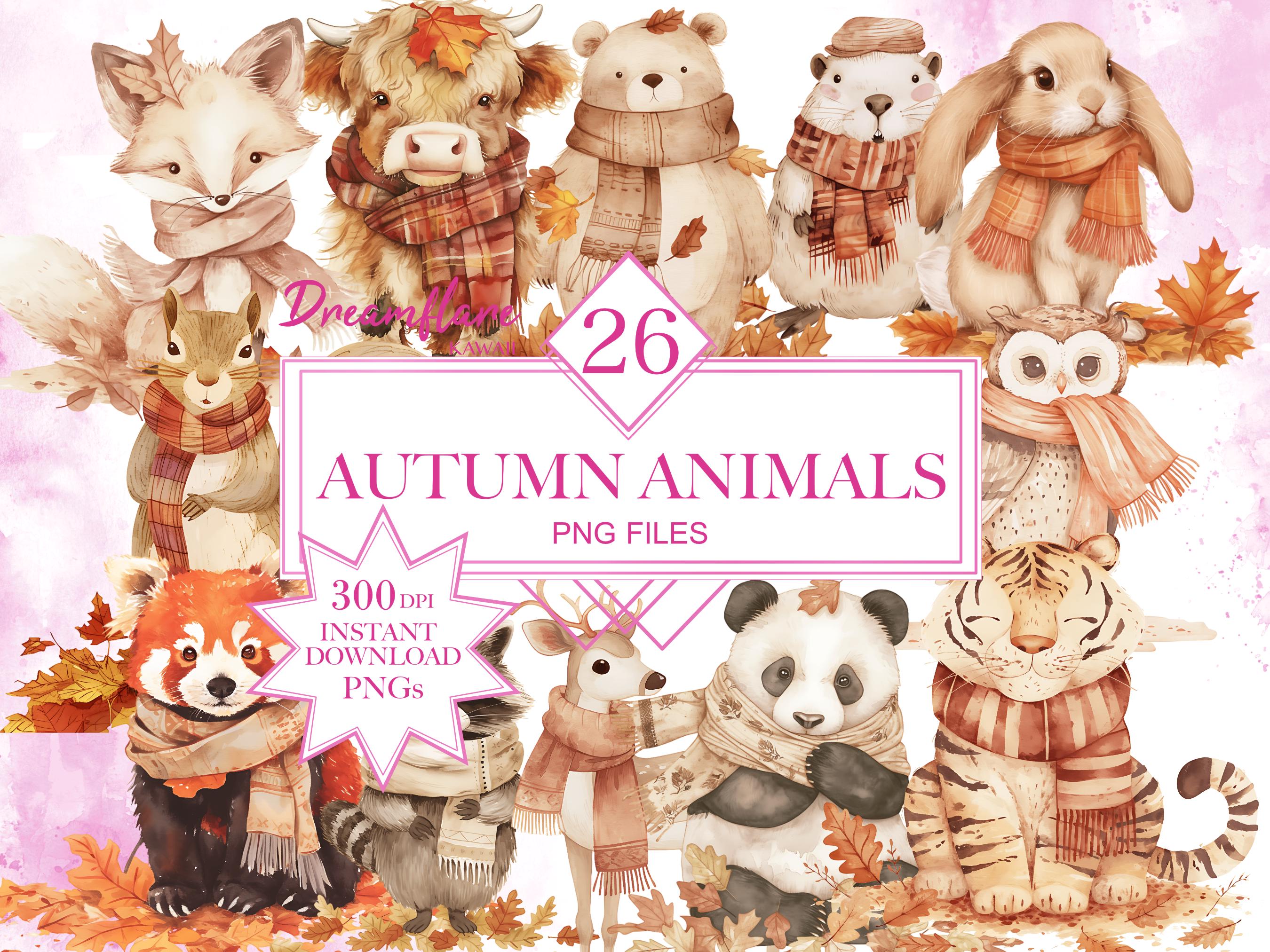 Watercolor Cute Autumn Animals Clipart Bundle, Boho Fall PNG, Autumn ...