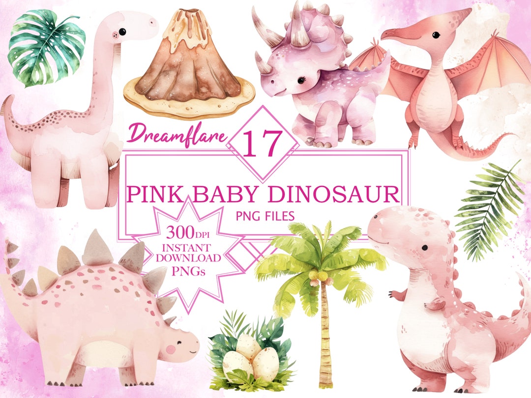 Watercolor Pink Baby Dinosaur Clipart PNG Bundle, Baby Shower, Nursery ...