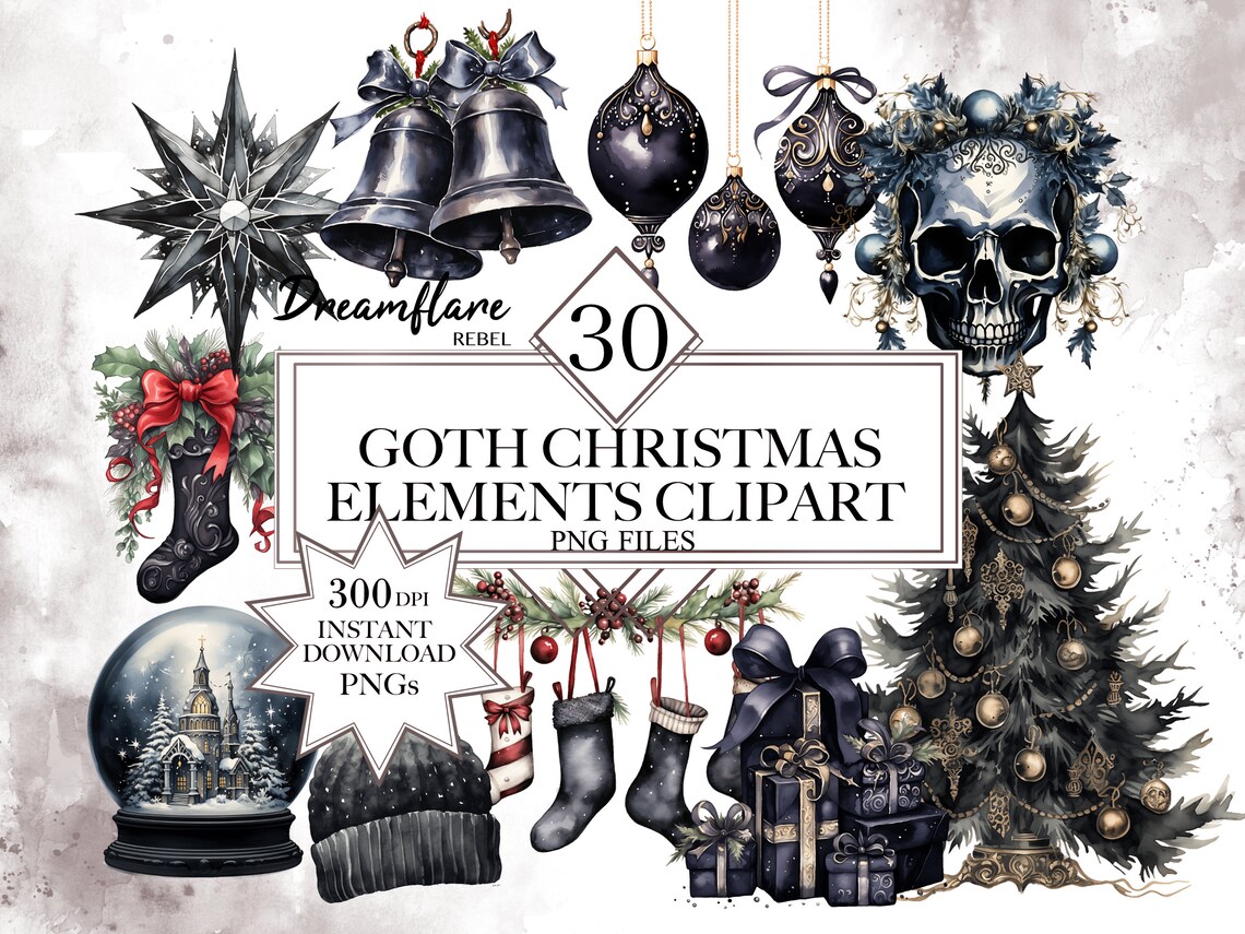 Watercolor Goth Christmas Elements PNG Bundle, Gothic Spooky Christmas ...