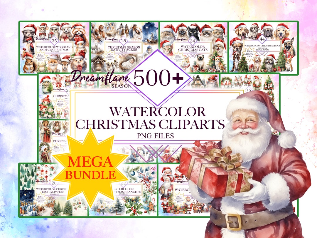 Watercolor Christmas Clipart Mega Bundle, Christmas PNG, Watercolor ...