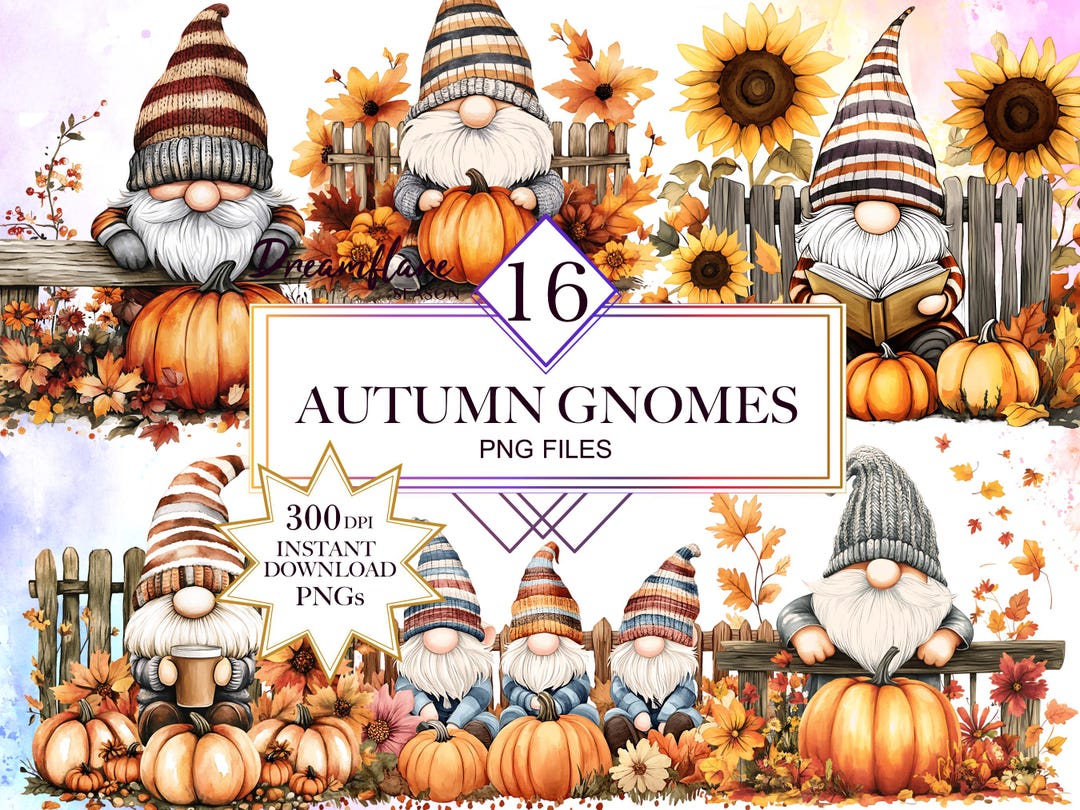 Watercolor Autumn Gnomes PNG Clipart Bundle, Floral Gnomes PNG, Fall ...
