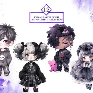 Watercolor Pastel Goth Chibi Clipart Bundle, Kawaii Pastel Goth Clipart ...