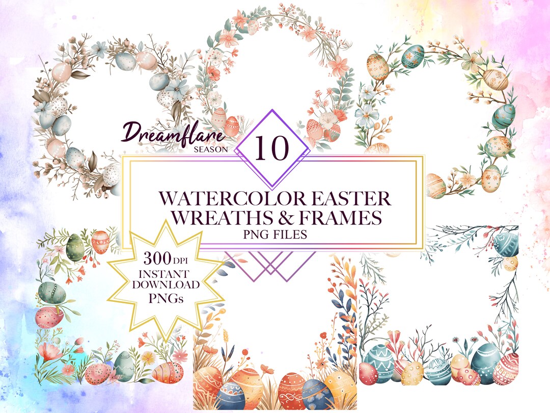 Watercolor Easter Wreaths & Frames PNG Bundle, Easter Wreath PNG ...