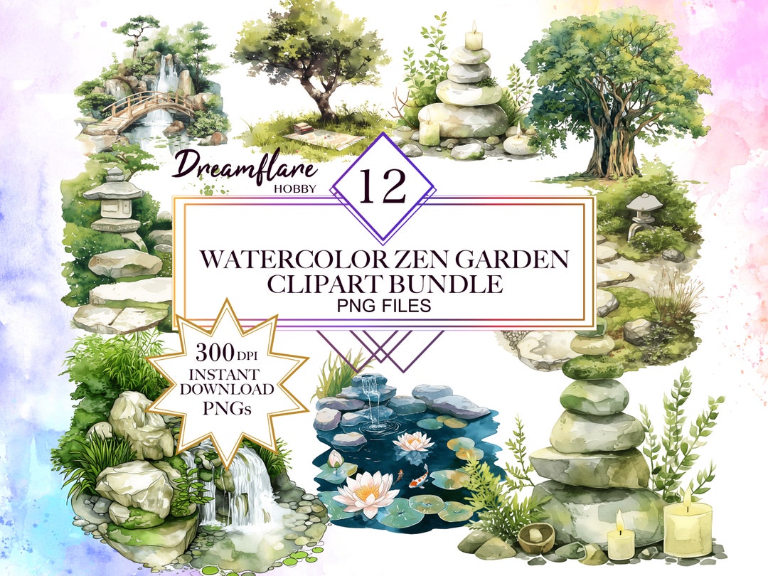 Watercolor Zen Garden Clipart Bundle, Meditation Clip Art, Zen Stones ...