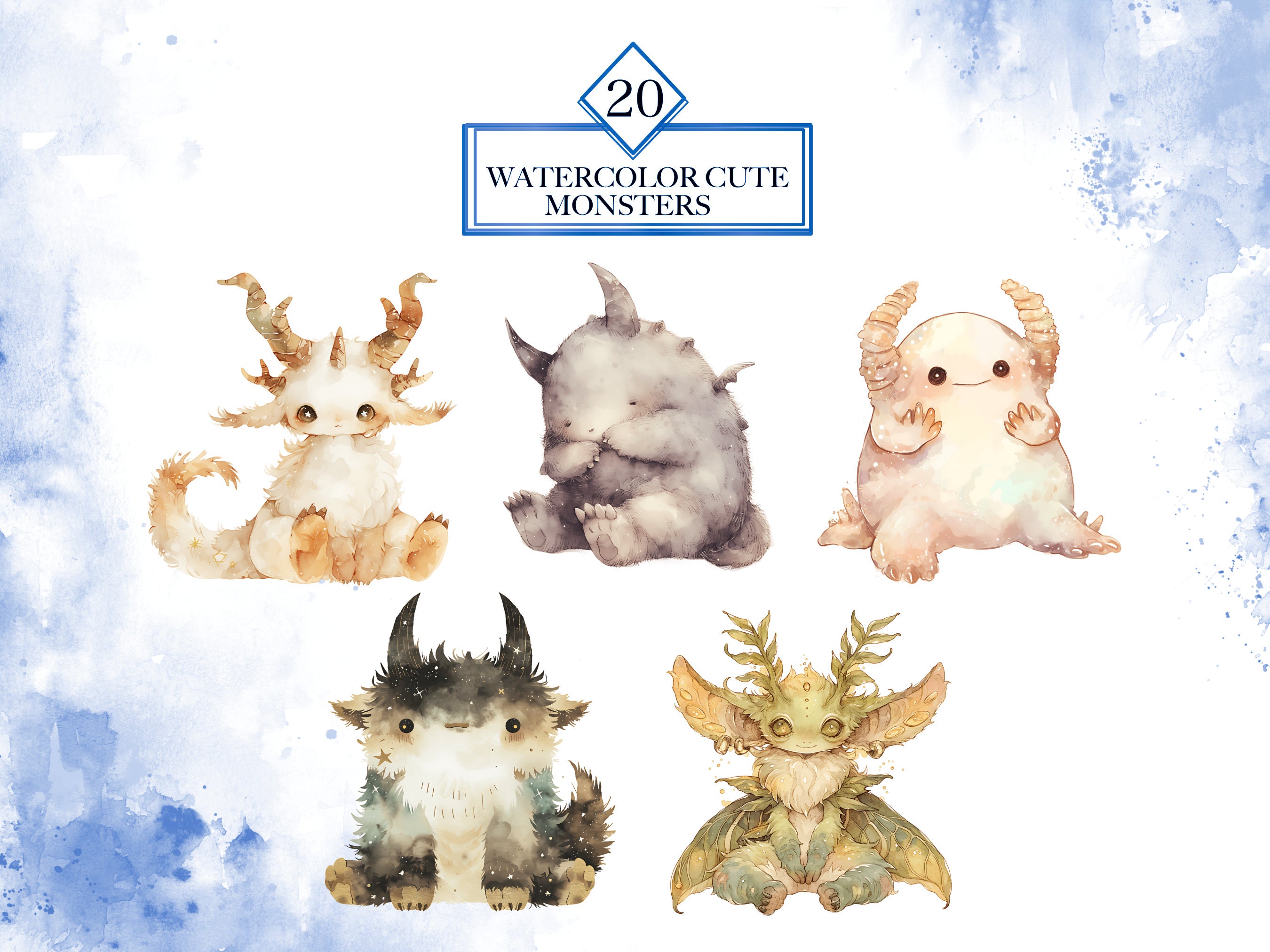 Watercolor Kawaii Monsters Clipart Bundle, Cute Monster PNG, Monster ...