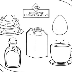 Breakfast Foods Lineart PNG Bundle, Kawaii Foods Clipart, Digital Stamp ...