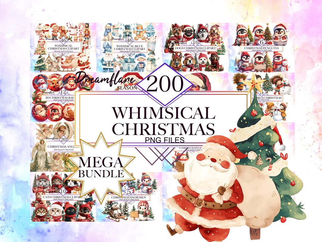 Whimsical Christmas PNG Clipart Mega Bundle, Christmas PNG, Watercolor ...