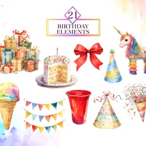 Watercolor Birthday Clipart Bundle, Birthday Party Clipart, Watercolor ...