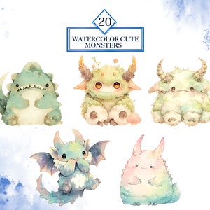 Watercolor Kawaii Monsters Clipart Bundle, Cute Monster PNG, Monster ...