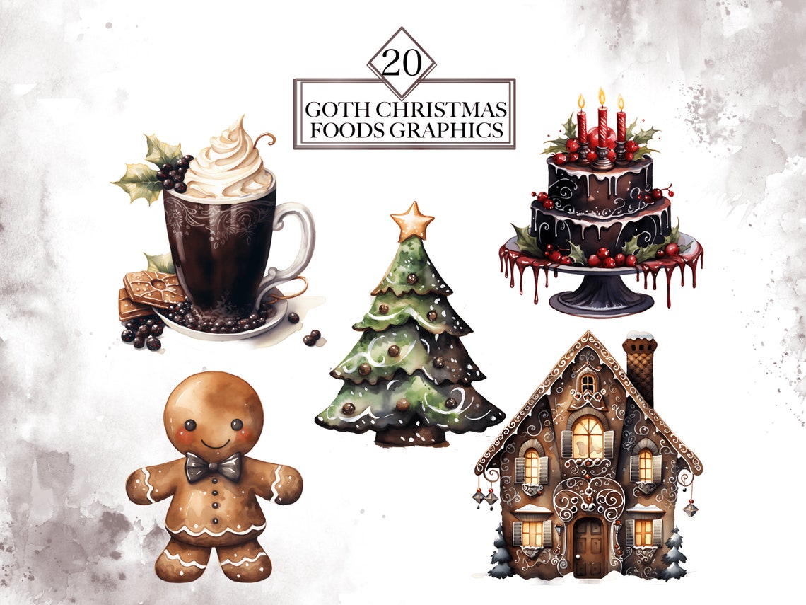 Watercolor Goth Christmas Foods PNG Bundle, Christmas Foods Clipart ...