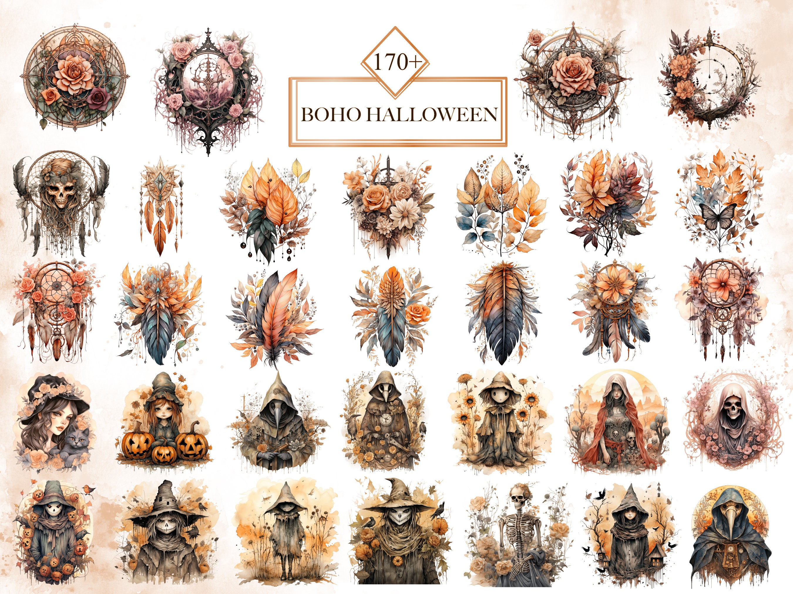 Halloween Clipart Bundle Watercolor Boho PNG Design Goth - Etsy