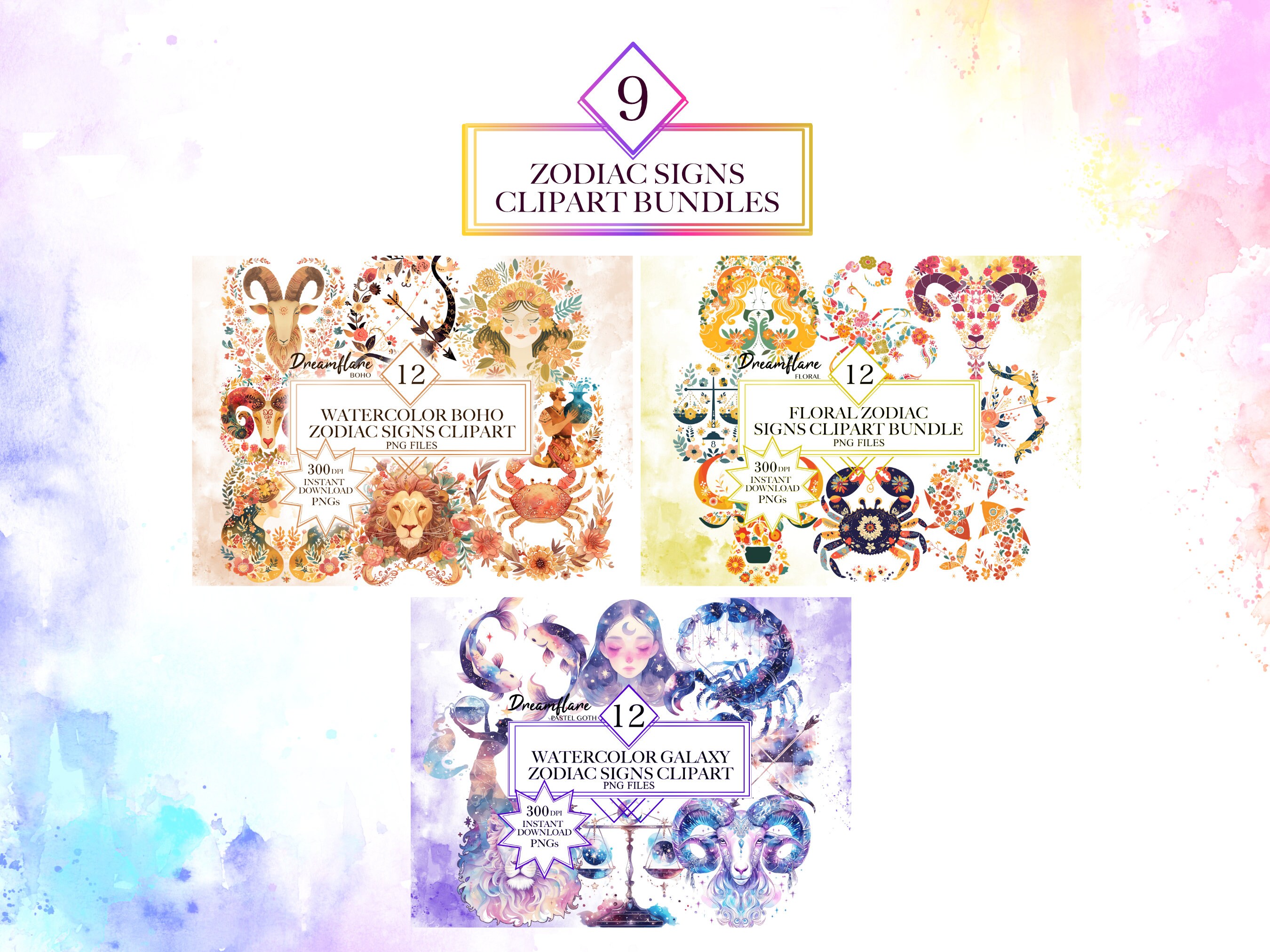 Zodiac Signs Clipart Mega Bundle, Horoscope Clipart, Floral Celestial ...